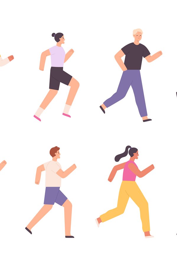 Cartoon athlete characters jogging, running marathon or race