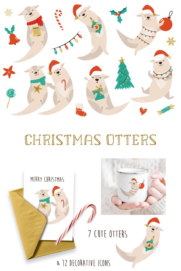 Set of Cute Christmas Otters. PNG, PDF, SVG, JPEG, AI, EPS