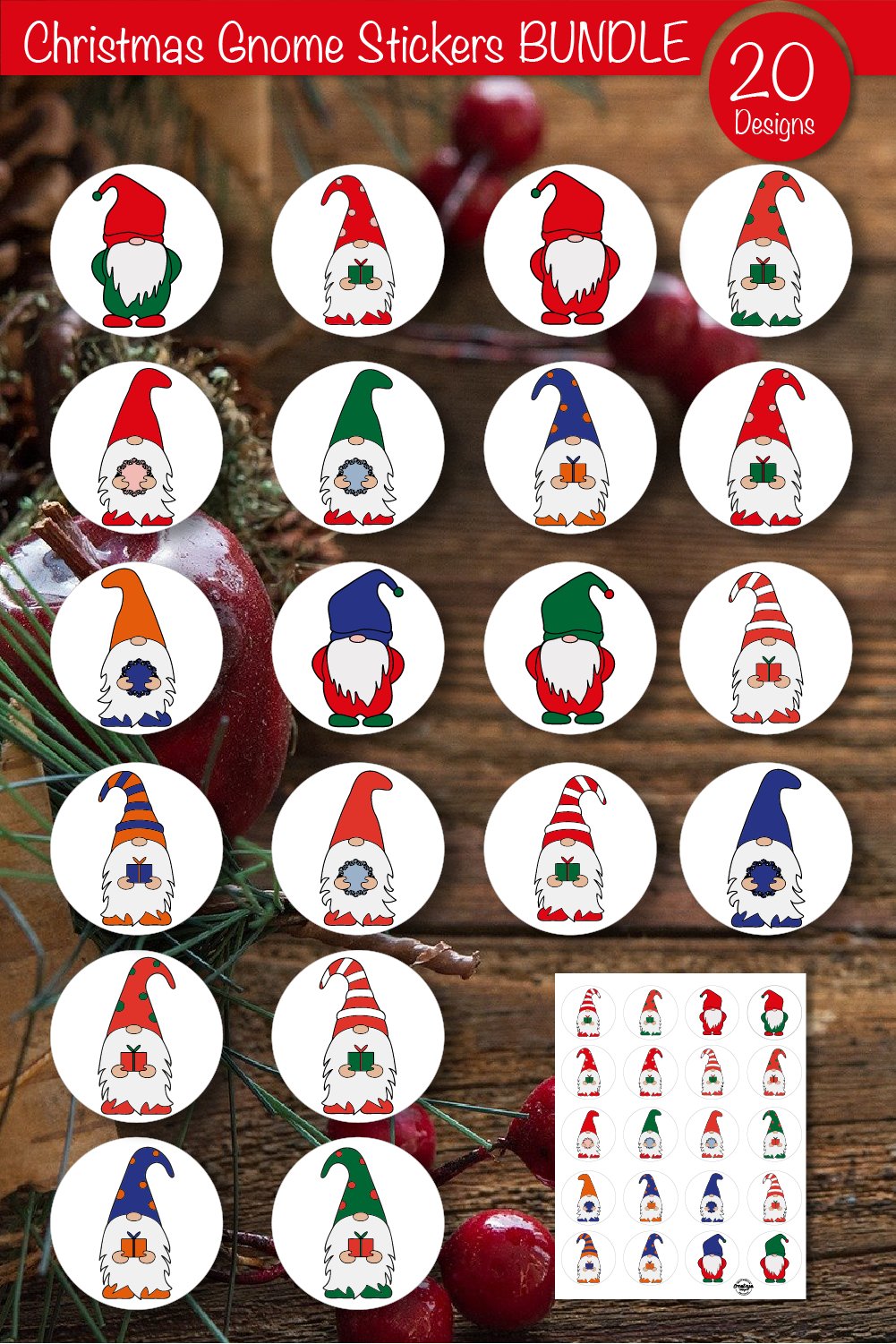 Printable Christmas gnome Stickers Bundle. Round Stickers