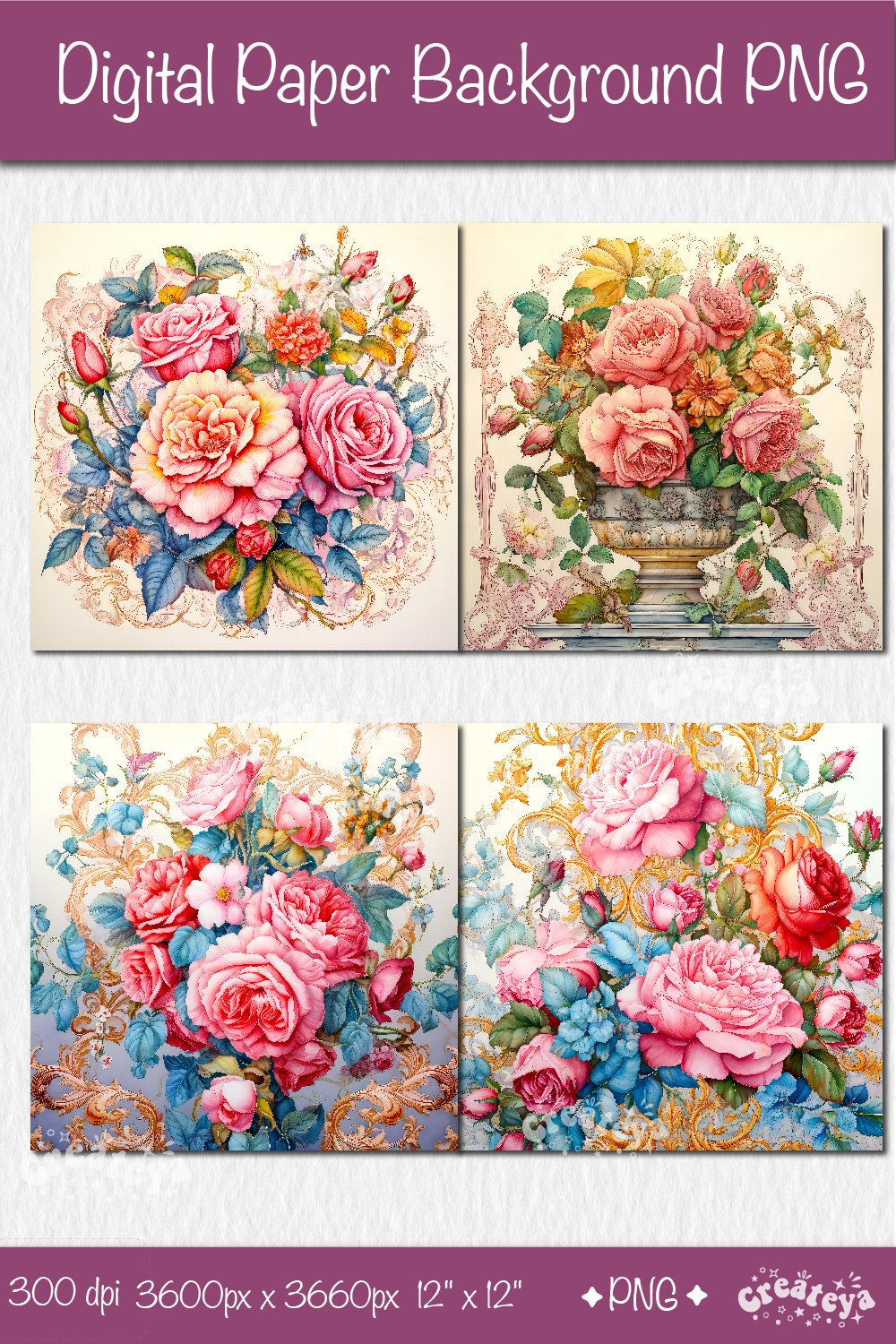 Digital Paper pink and blue Backgrounds Watercolor Flowers