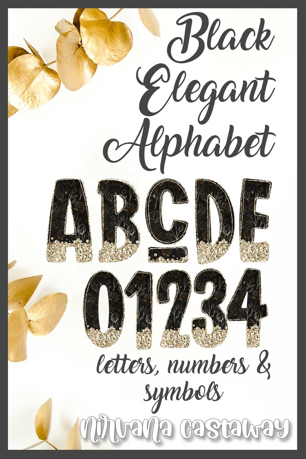 Black and gold floral Alphabet Letters Numbers Symbols PNG