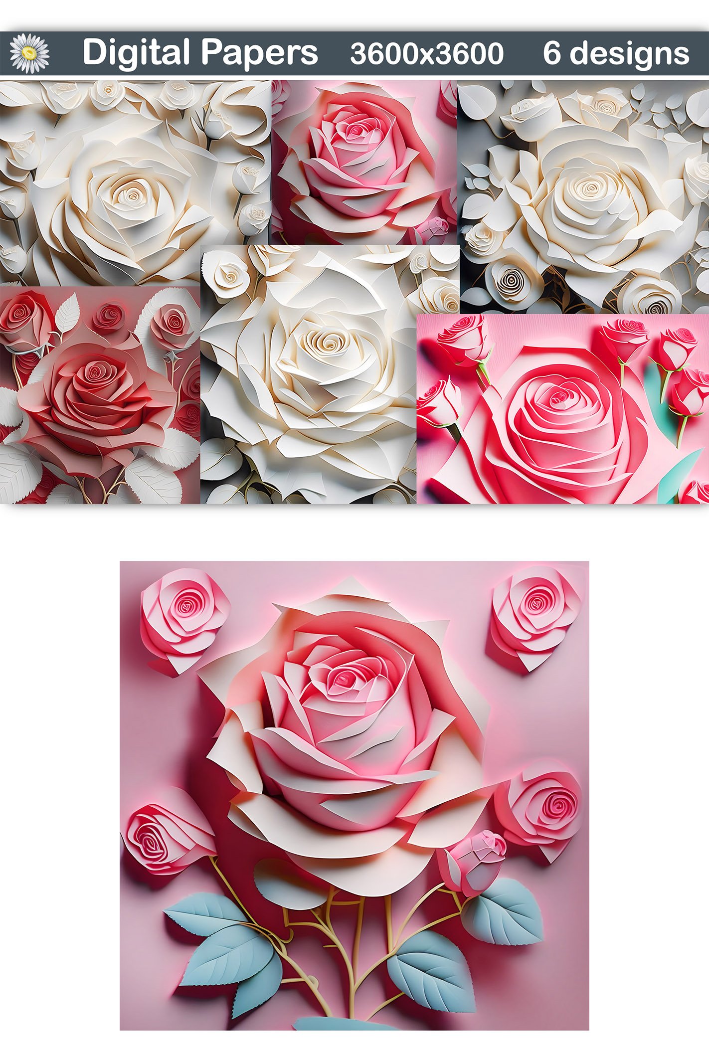Roses Digital Paper | 3D Roses Background
