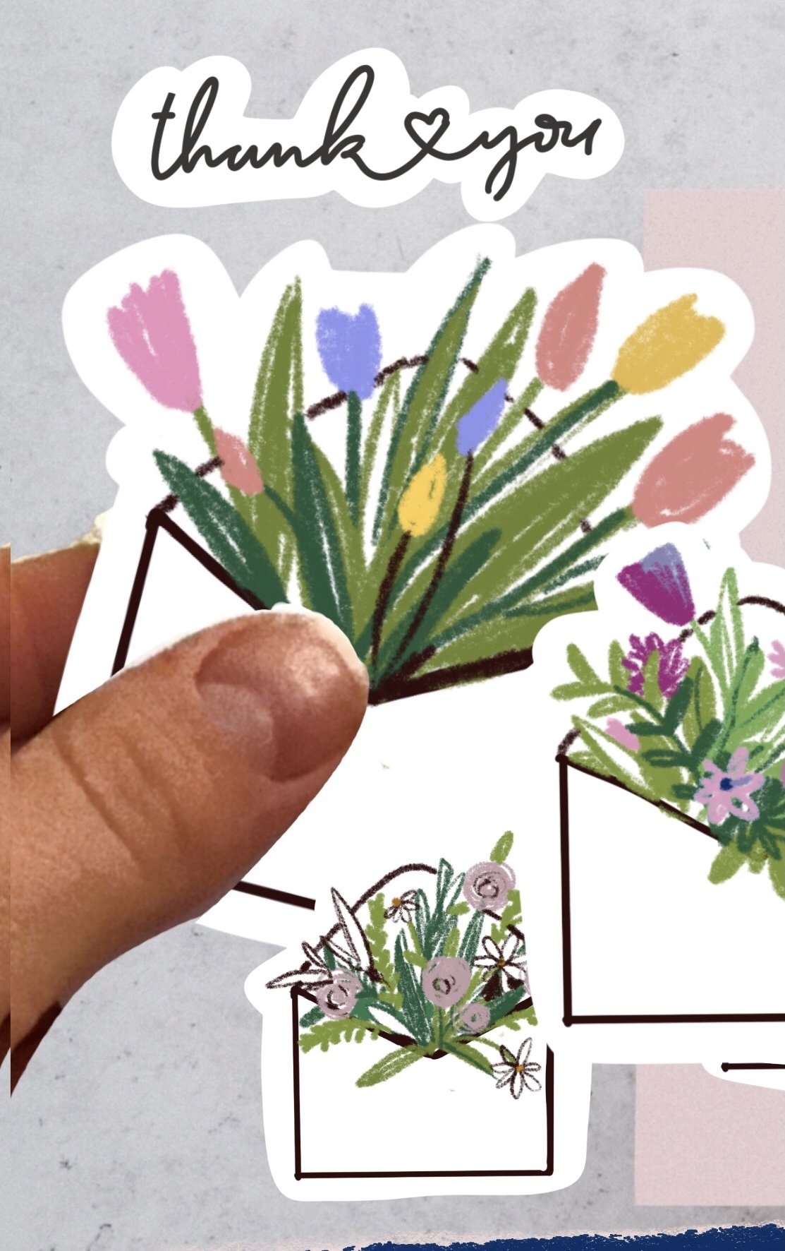 Thank you sticker. flower in envelope sticker. Gift sticker