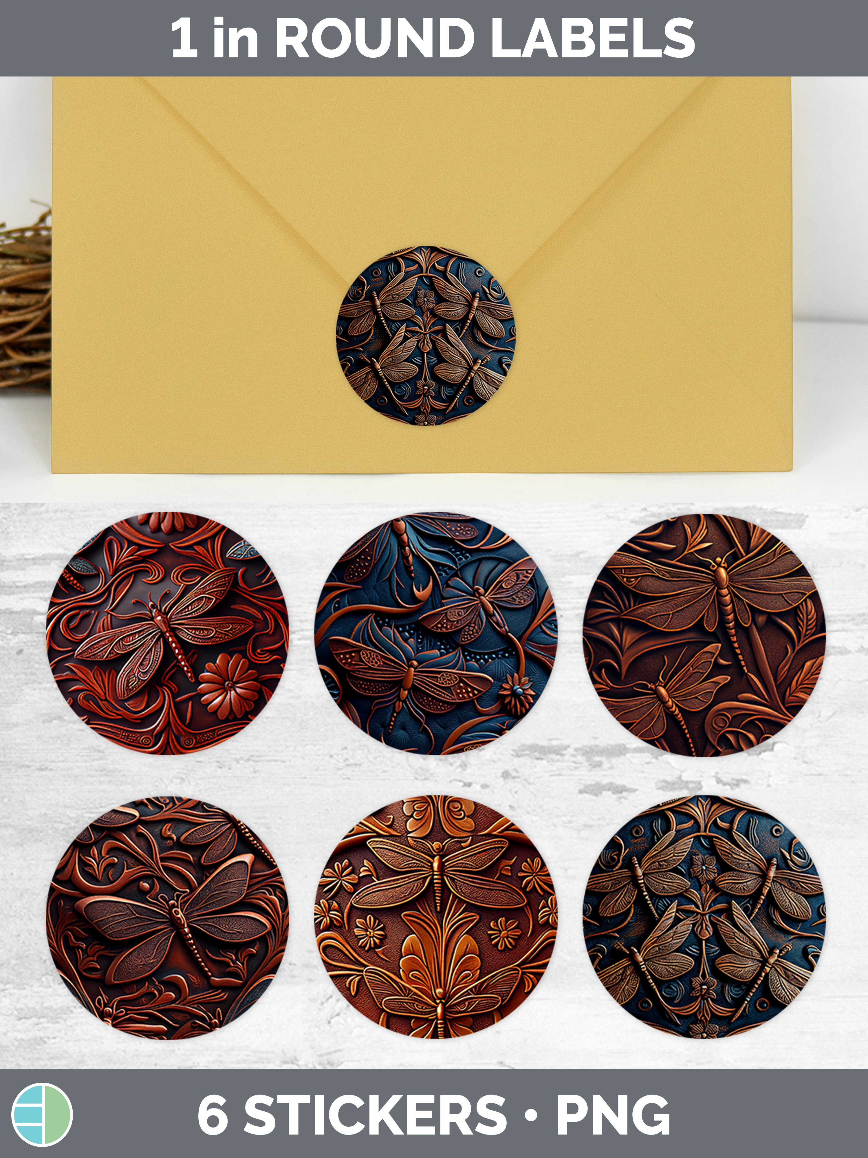 Tooled Leather Dragonflies Stickers | Round Labels Designs B