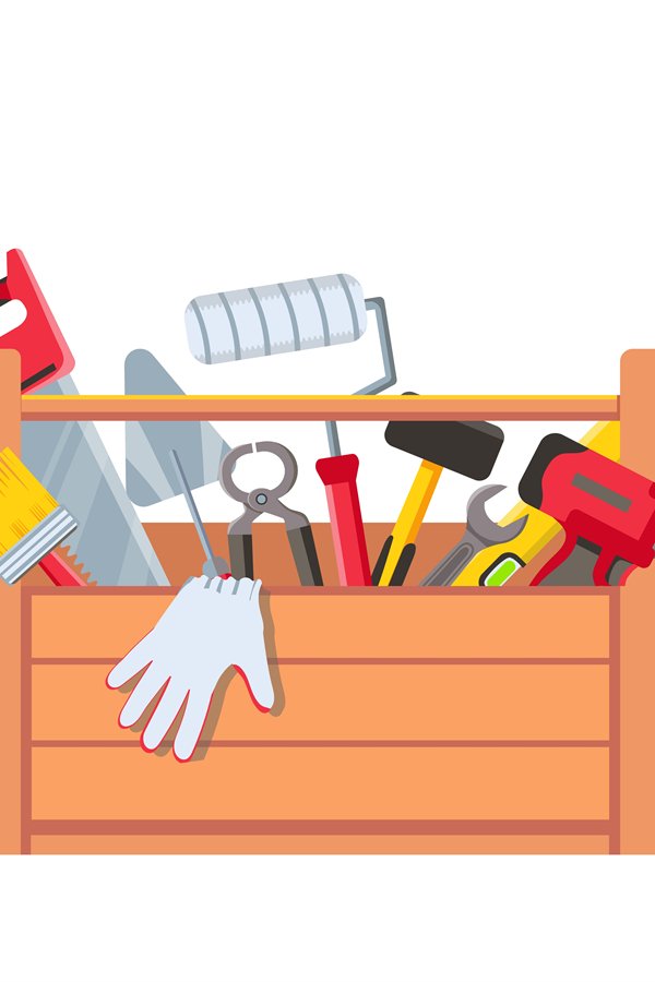 Toolbox with equipment. Wooden toolkit box with saw, drill,