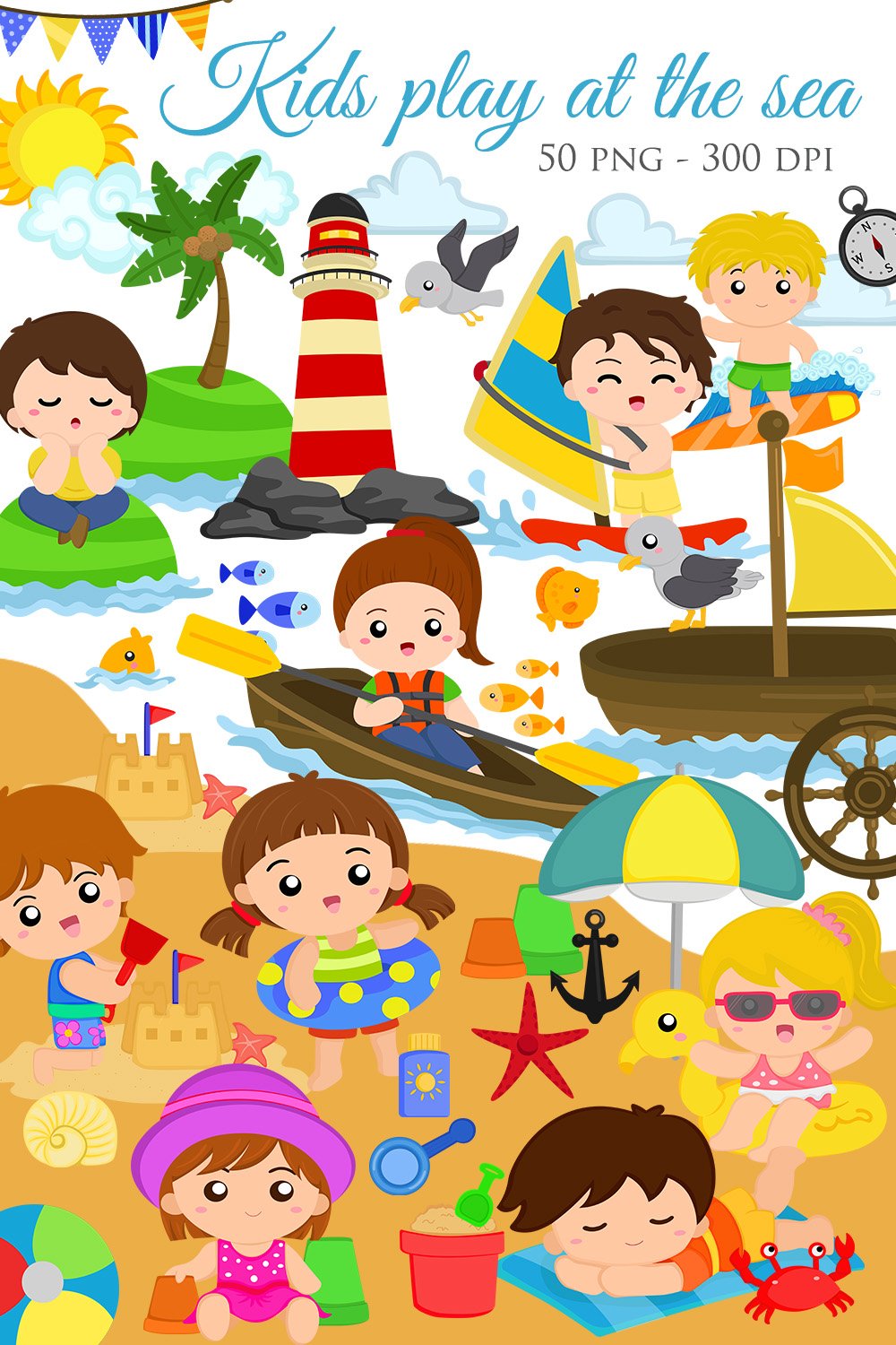 Kids Play Sea Beach Summer Holiday Activity Cartoon Bundles