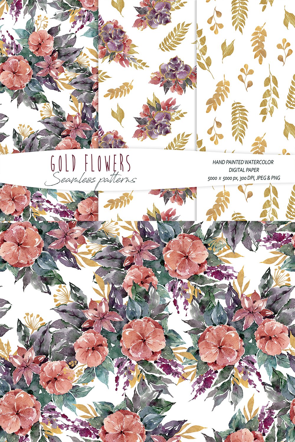 Watercolor simple floral seamless patterns / digital paper