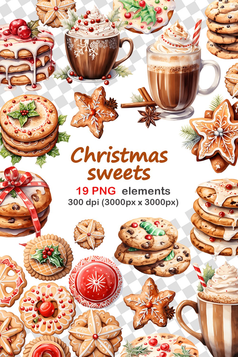 19 Christmas sweets png cliparts. Watercolors gingerbread