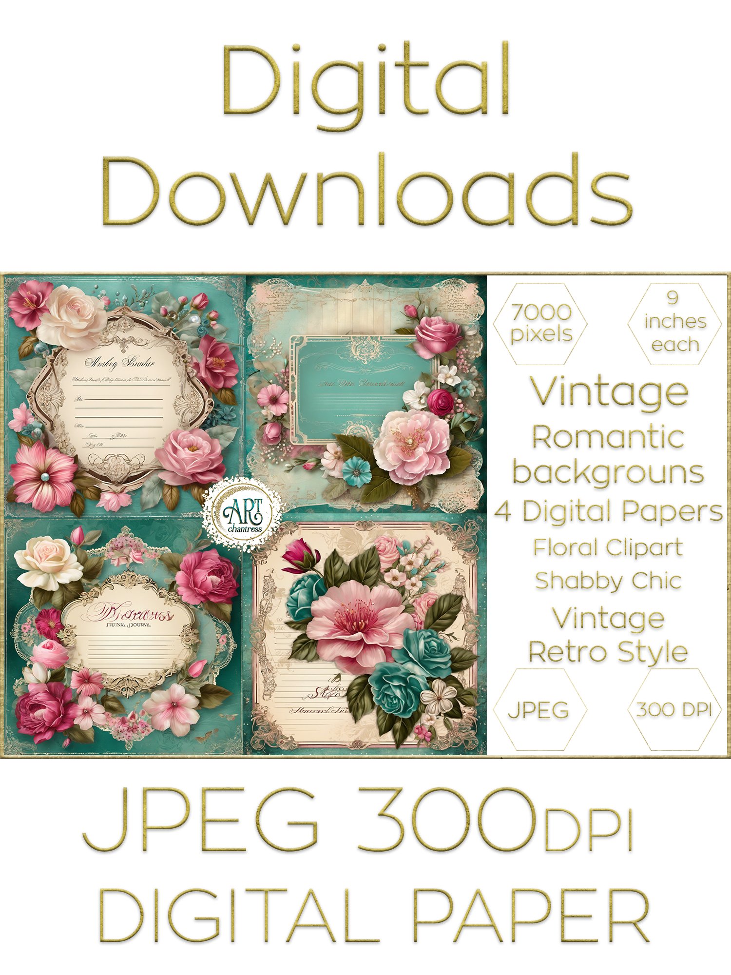 Vintage Floral Teal Pink Old Romantic Retro Digital Papers