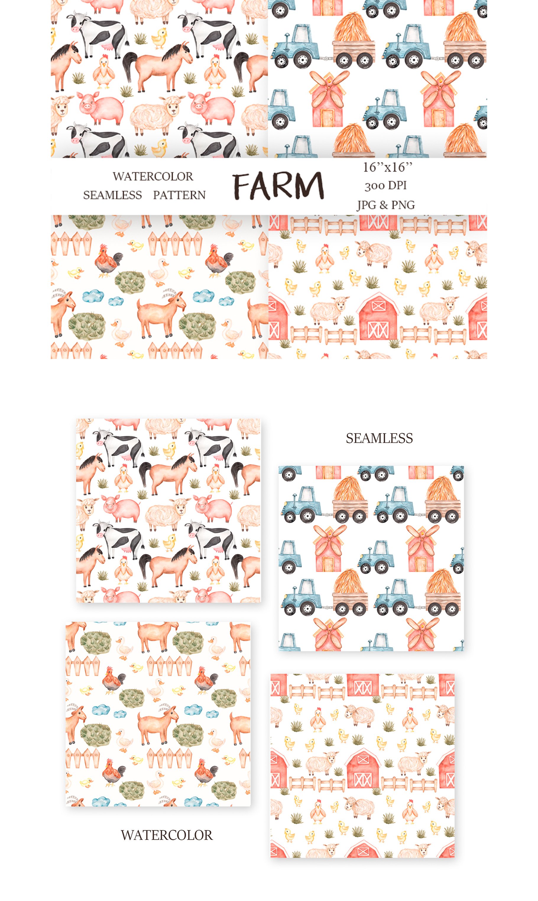 Watercolor Farm Seamless Pattern set
