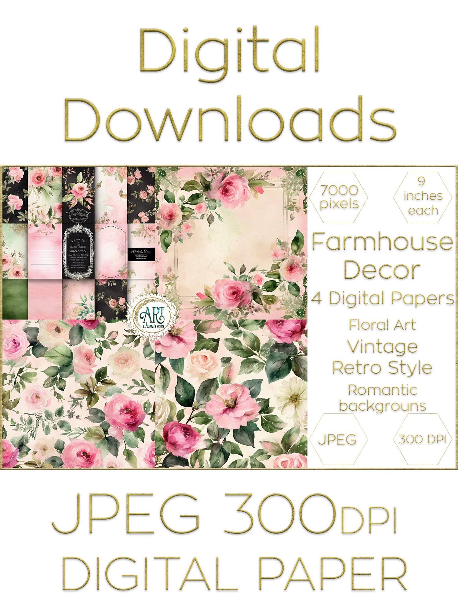 Watercolor Vintage Pink Roses Digital Paper Old (3631090)