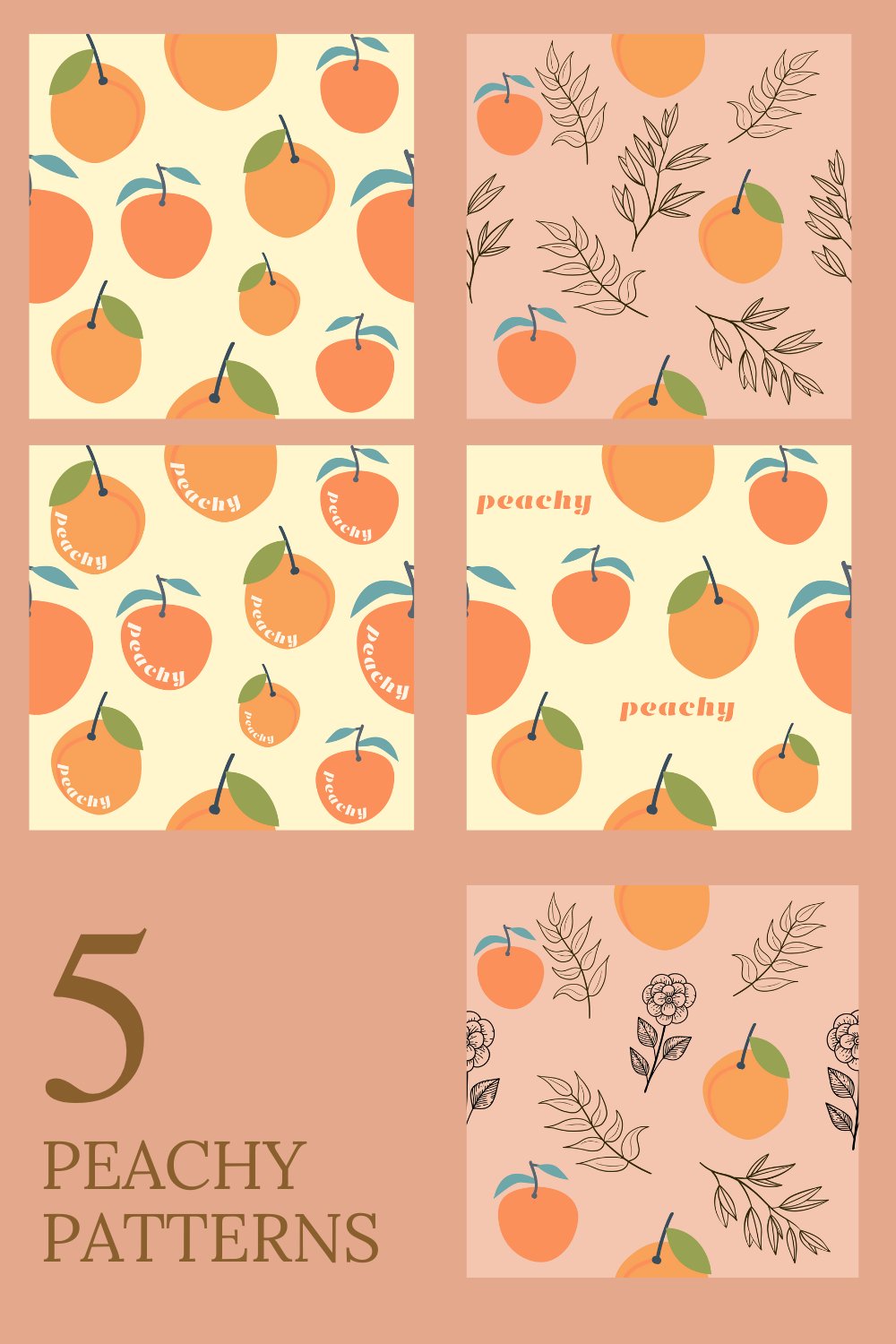 Peach summer art prints, seamless pattern digital paper set