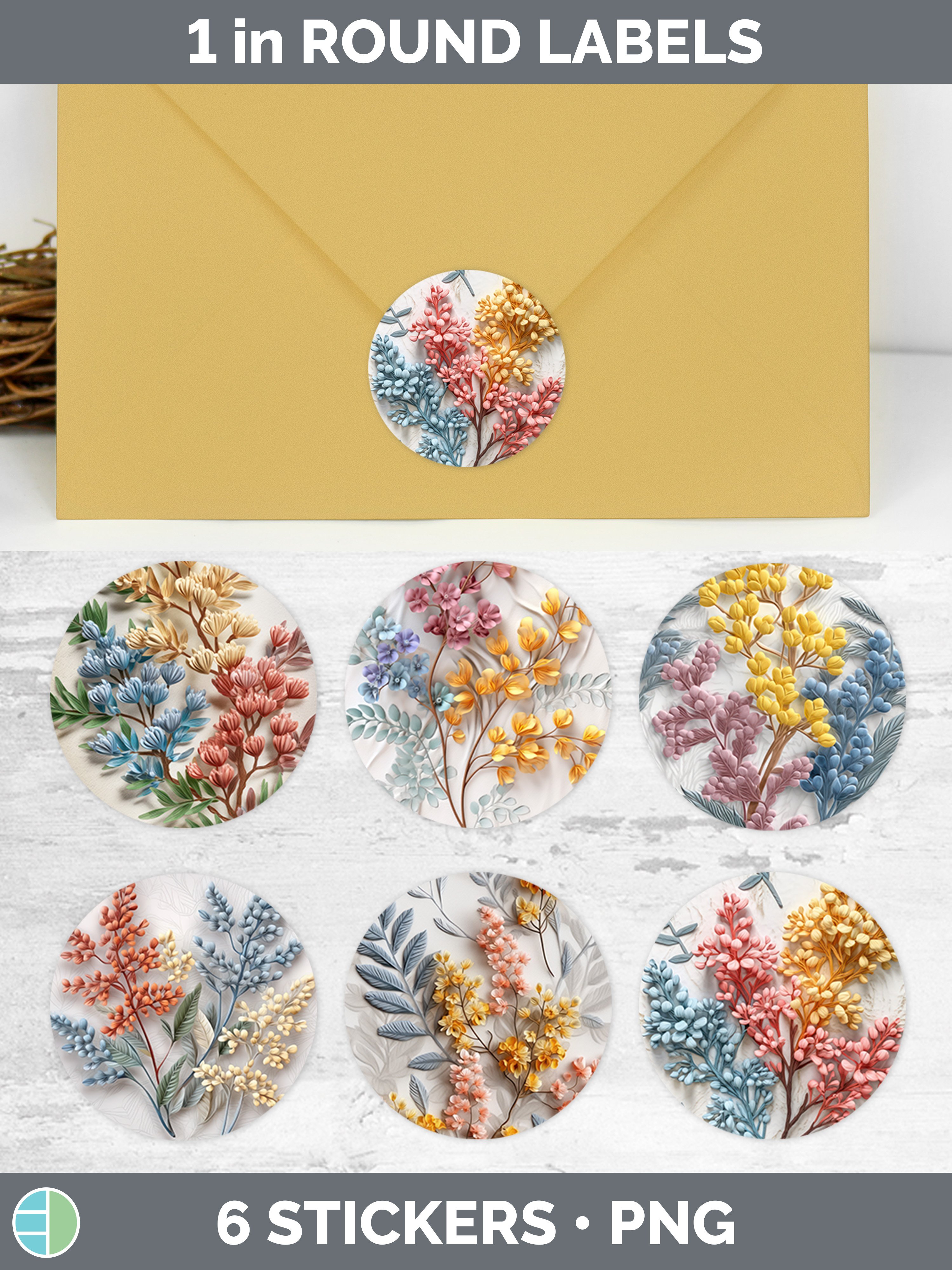 3D Acacia Flowers Stickers | Round Labels Designs Bundle