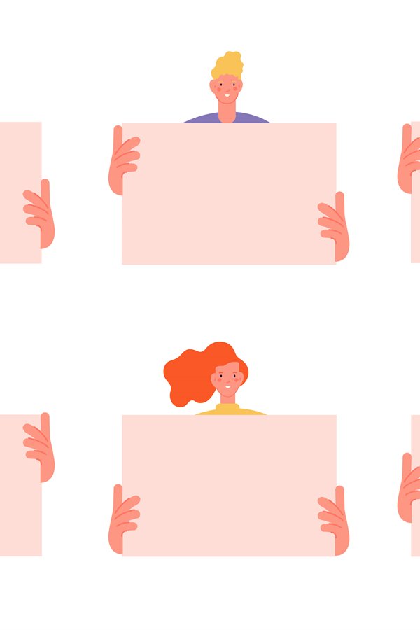 Characters with empty banners. Smiling people holding placar