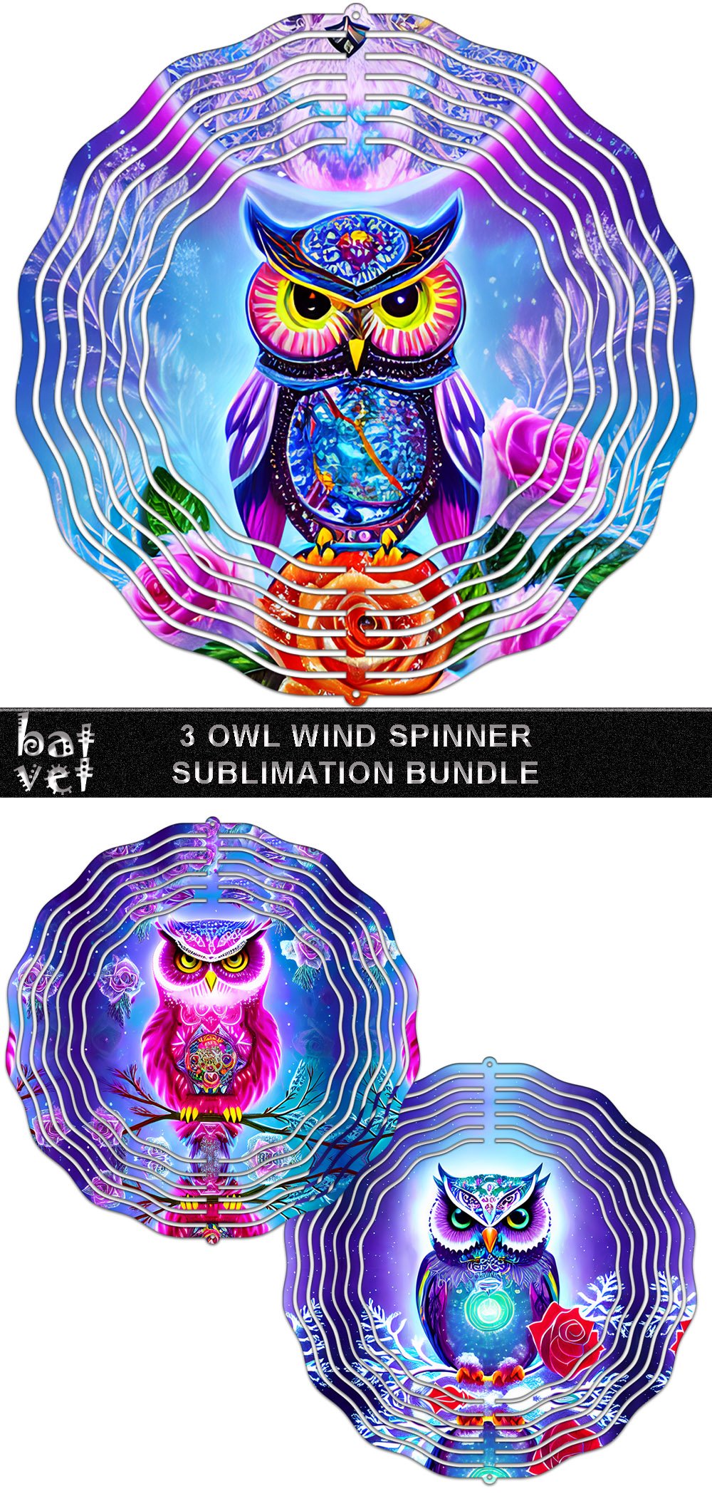 Cute Owl Wind Spinner Bundle | Floral Owl Spinner PNG Design
