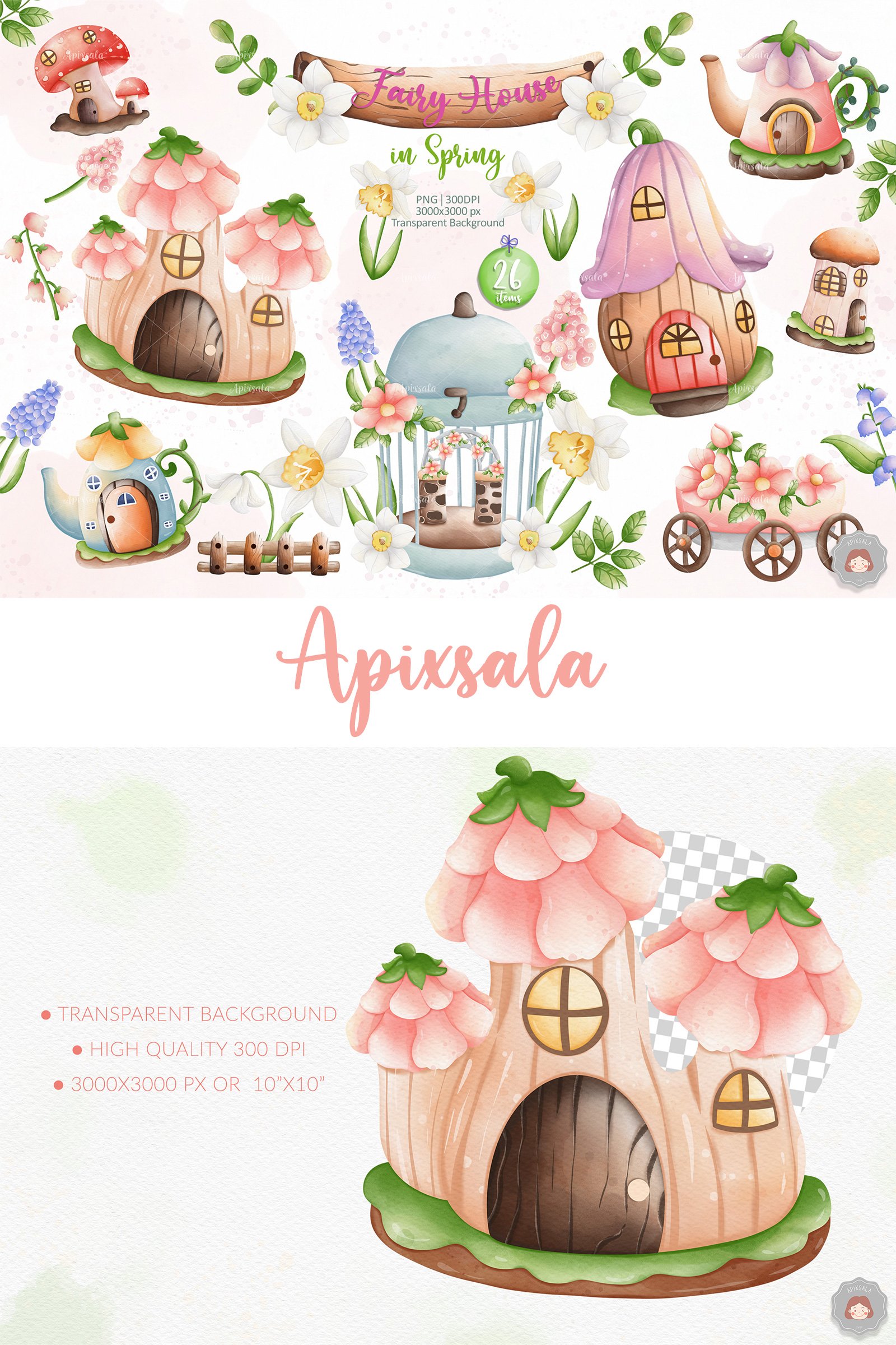 Watercolor Cute Fairy House Spring Clipart Bundle