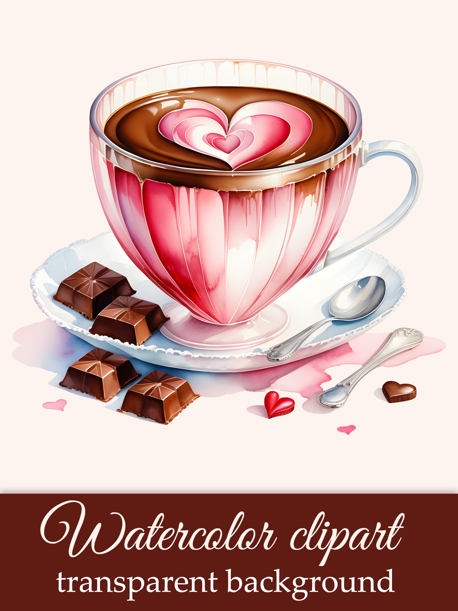 Watercolor coffee cup with hearts and chocolate, clipart Png