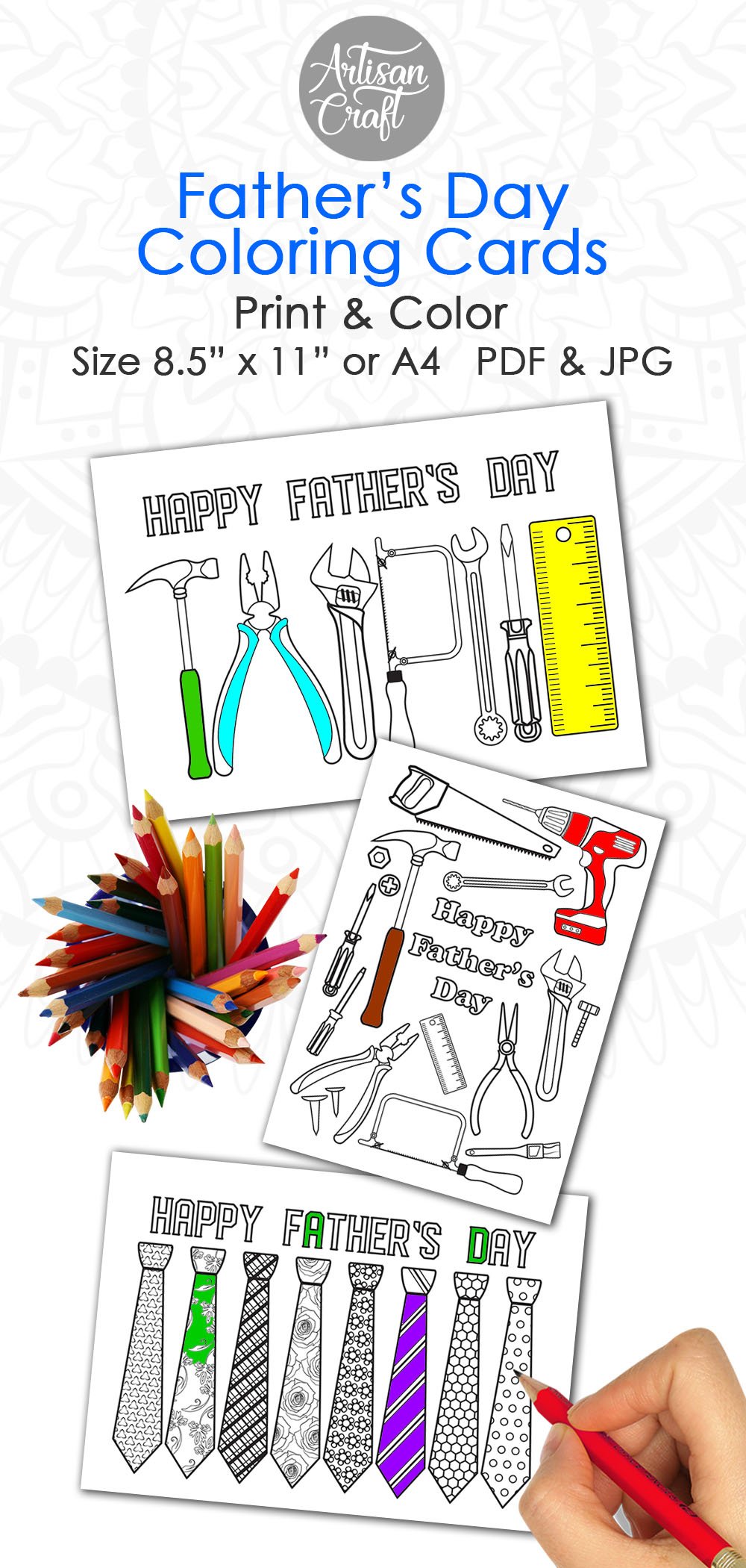 Fathers day coloring card, necktie, tools