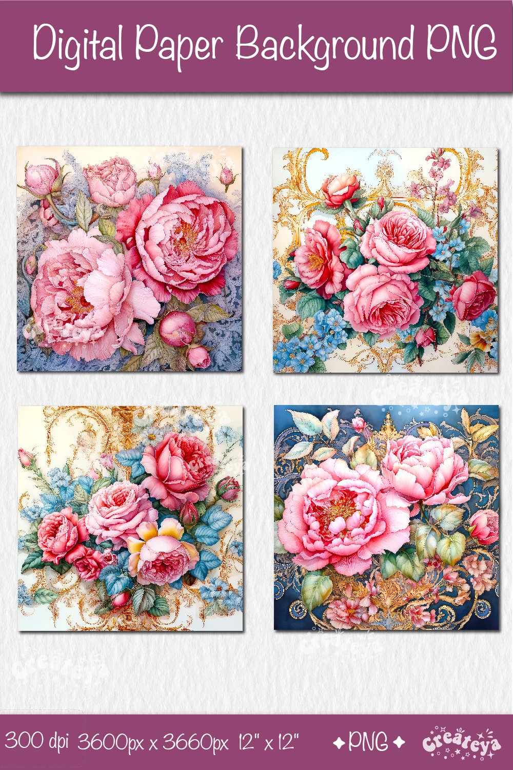 Digital Paper pink and blue Backgrounds Watercolor Flowers