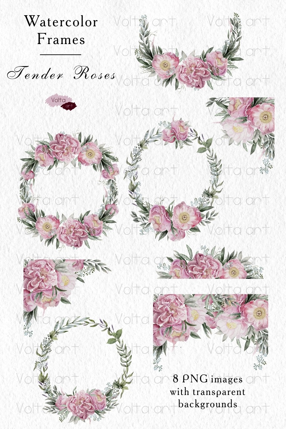 Watercolor roses wreaths, Pink and Coral peony frames