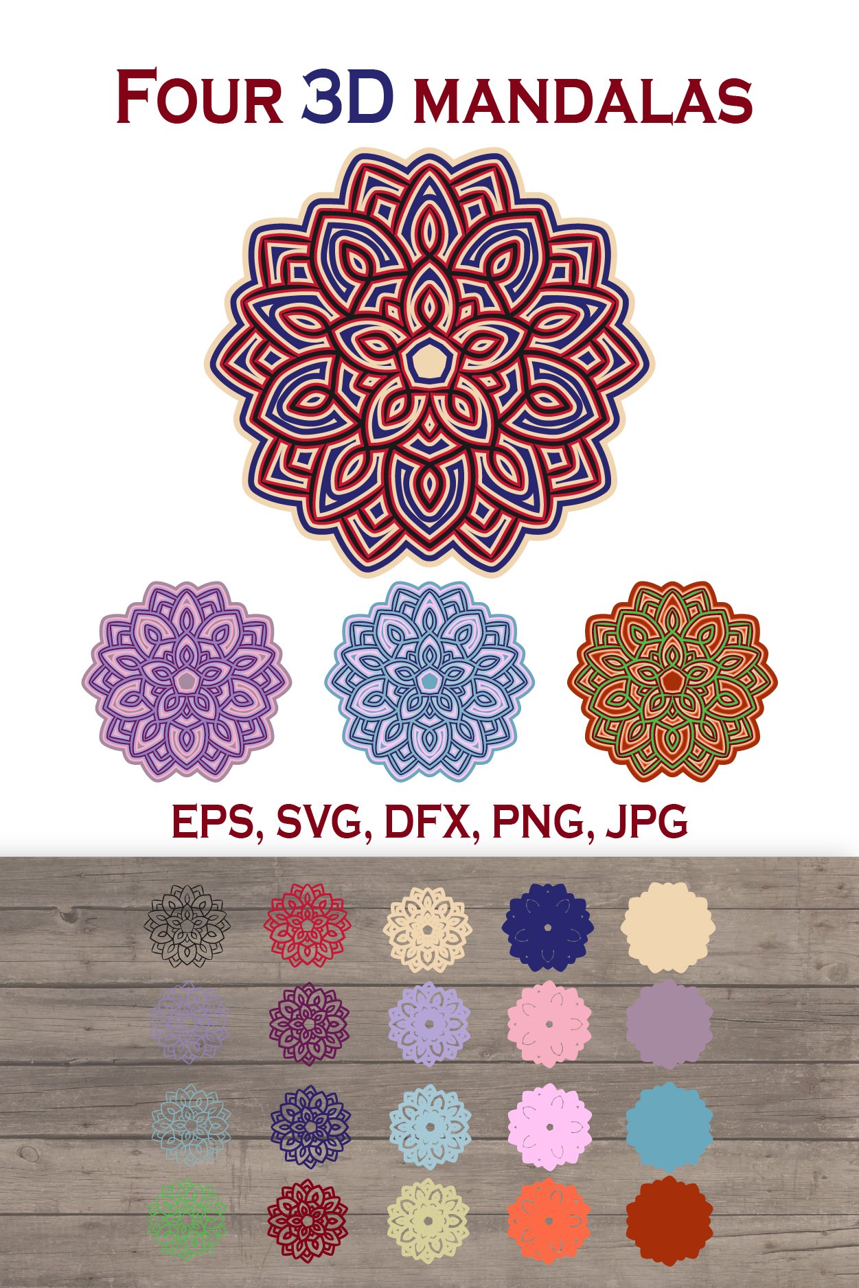 3D mandalas in four color versions.