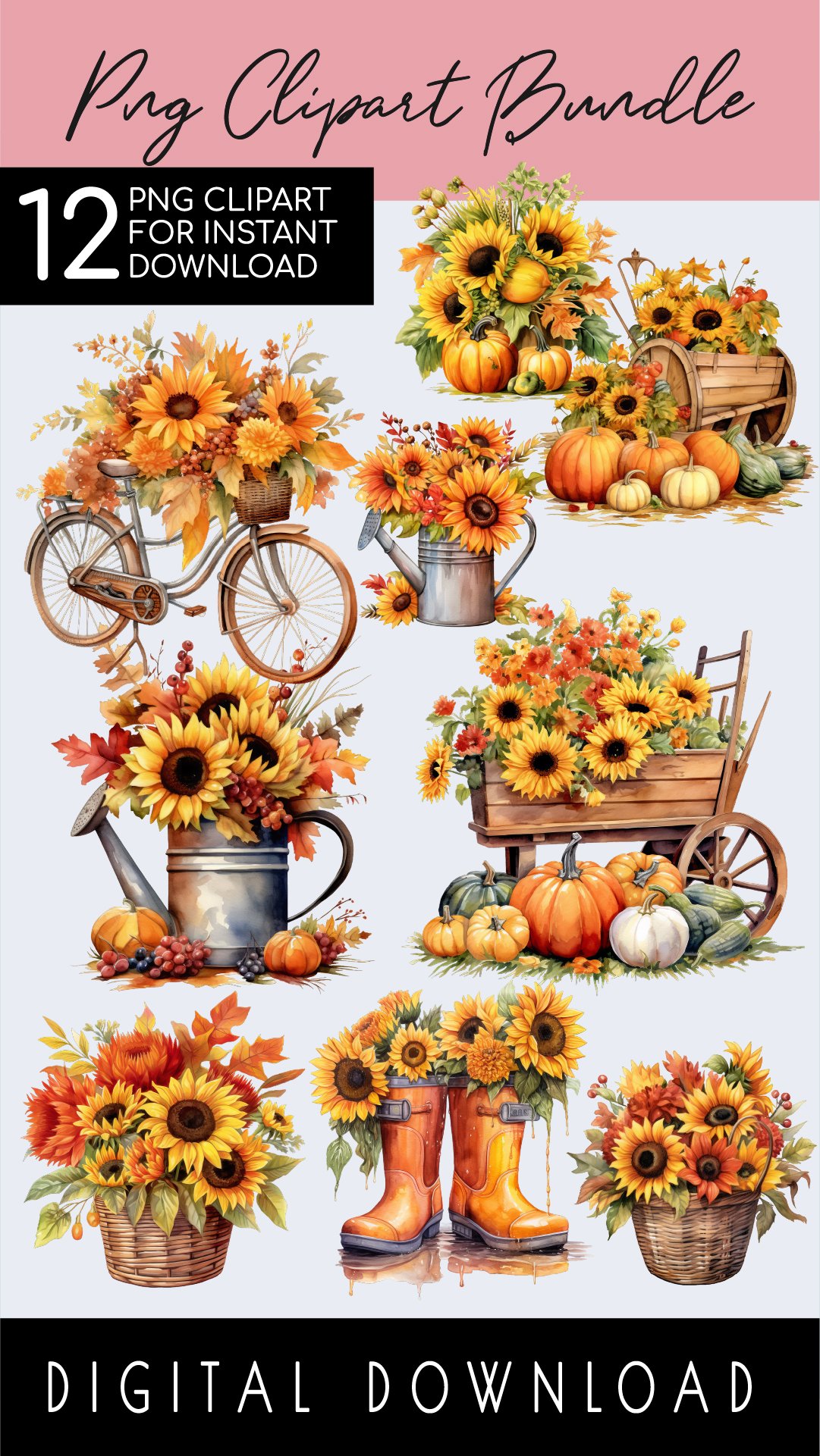 Fall Sunflower Sublimation Designs, Autumn Clipart