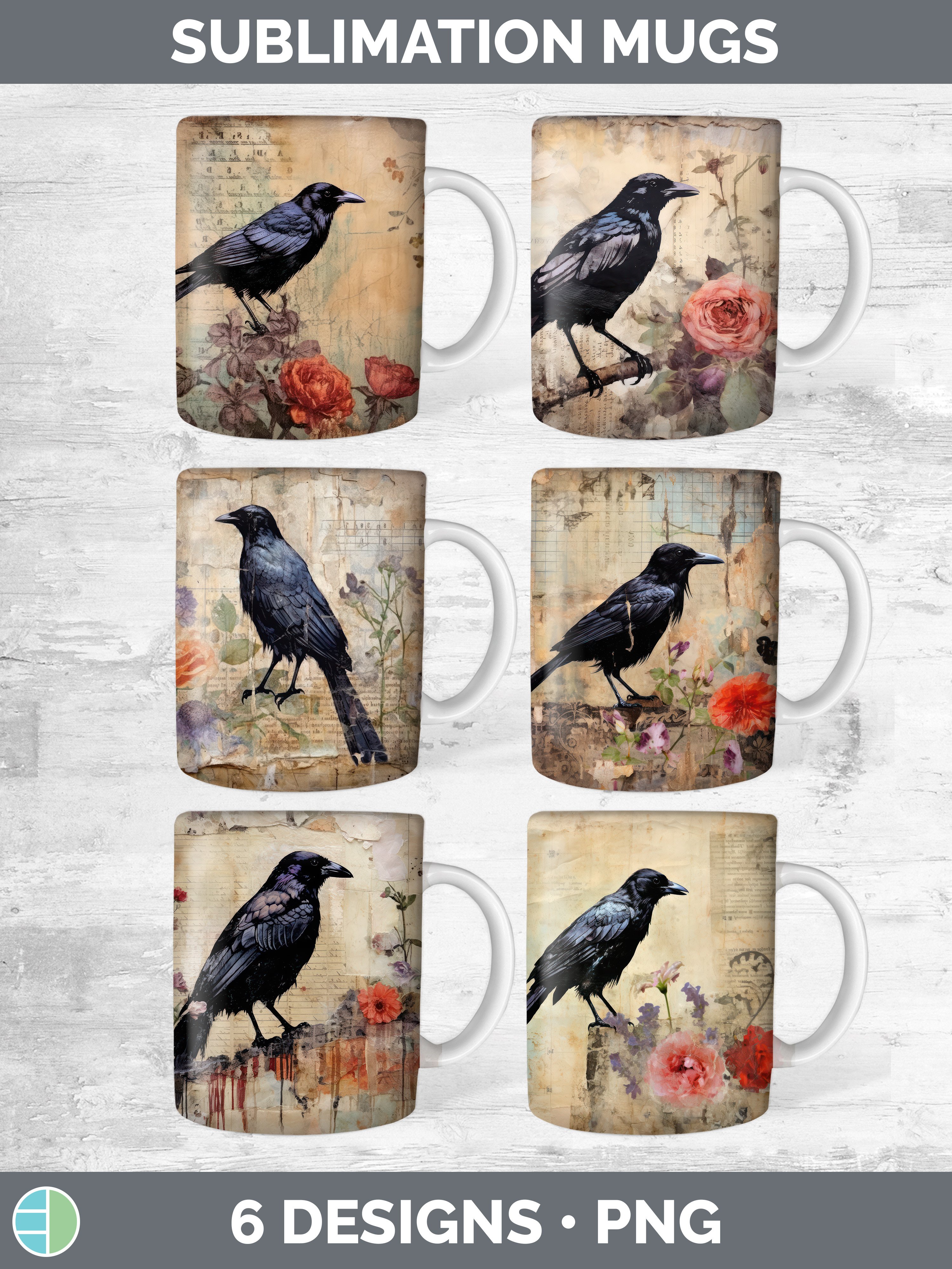 Vintage Crow Bird Mug Wrap | Sublimation Coffee Cup Designs