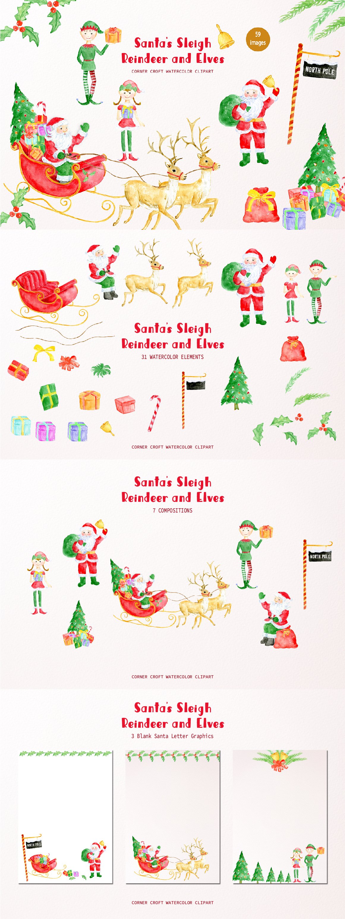 Watercolor Santa's Sleigh, Reindeer, Santa Claus and Elf