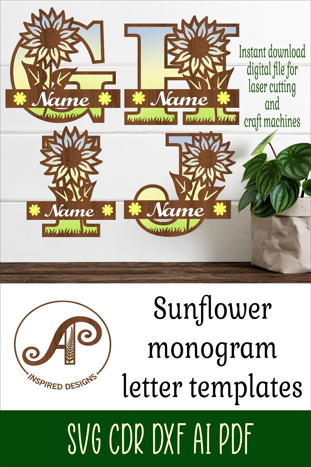 Sunflower monogram letter bundle Name signs SVG 3 layer