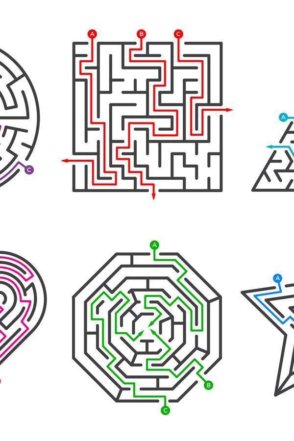 Game maze. Labyrinth collections various shapes with many en