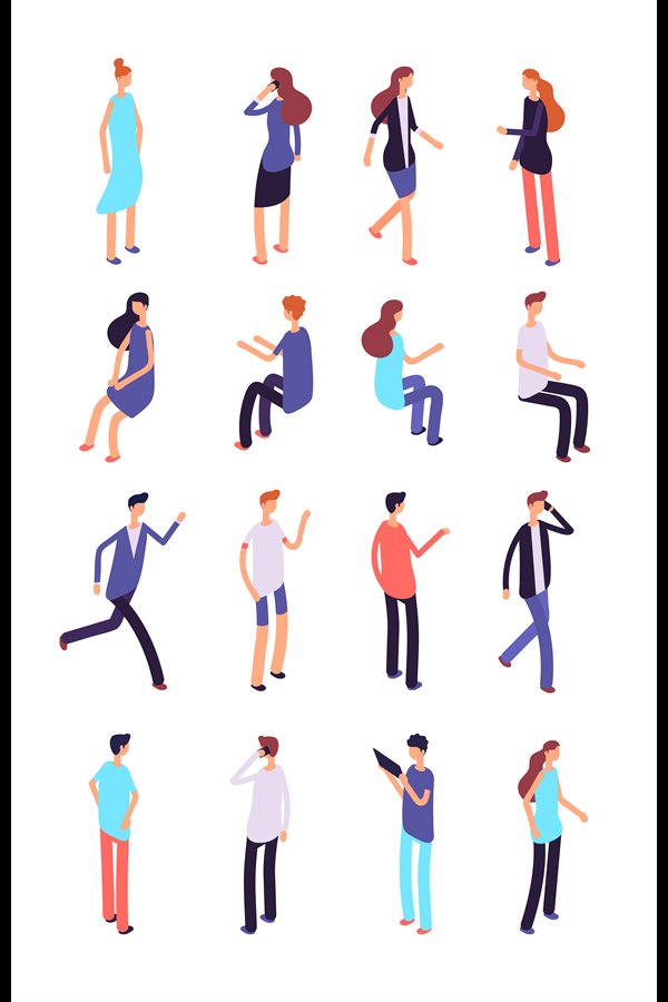 Isometric people. Cartoon sitting and standing persons. 3d m