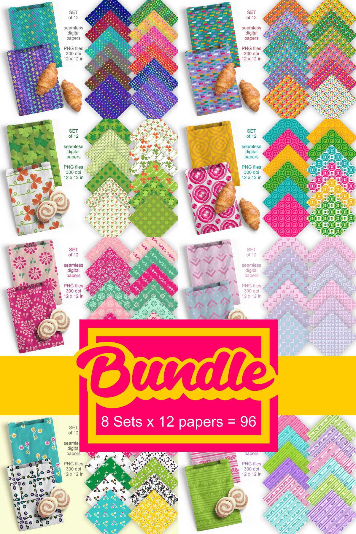 Spring Bundle Seamless Patterned Papers 8 Sets of 12 PNG
