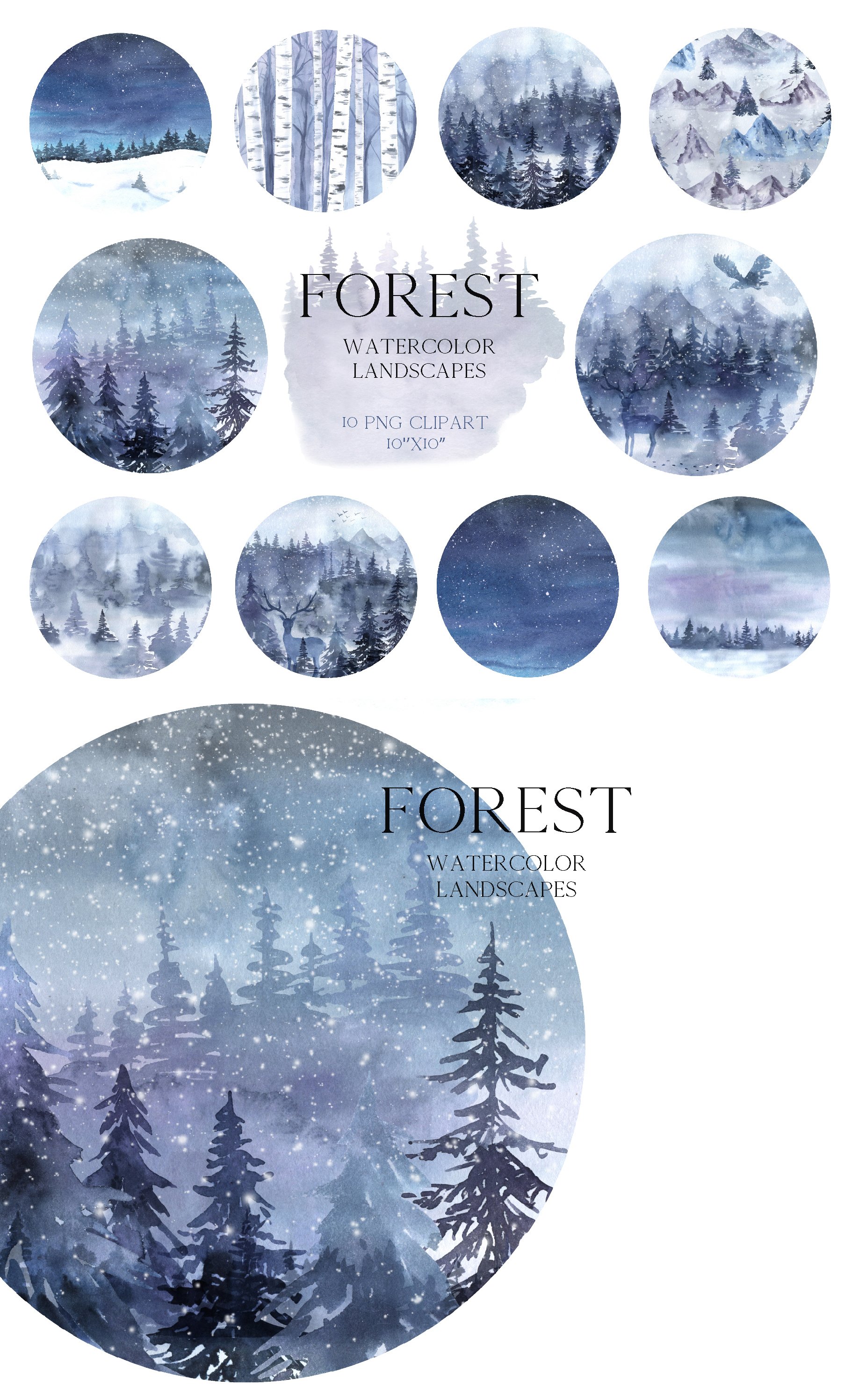 Watercolor Winter Snowy Landscapes Clipart