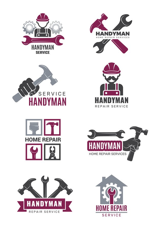 Handyman badges. Builders and workers contractor symbols tec