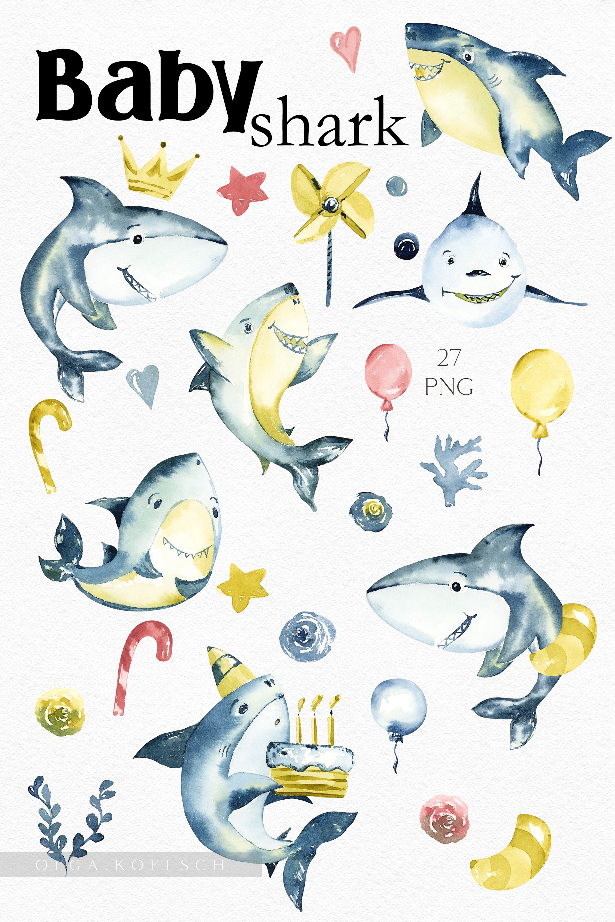 Baby shark birthday clipart, Watercolor nautical baby shower