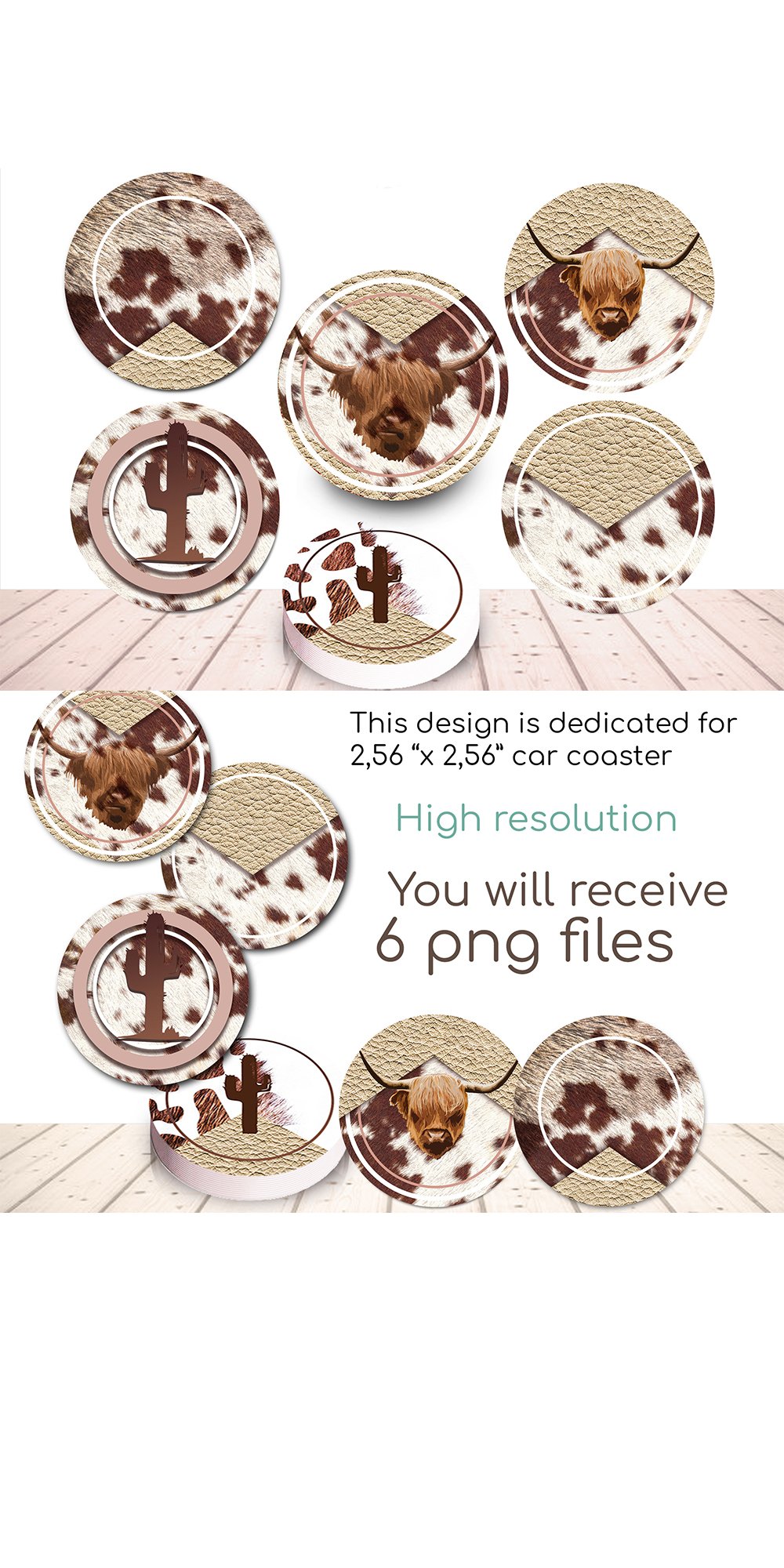 Western Cowhide Car Coaster Design, Car Coaster PNG Bundle