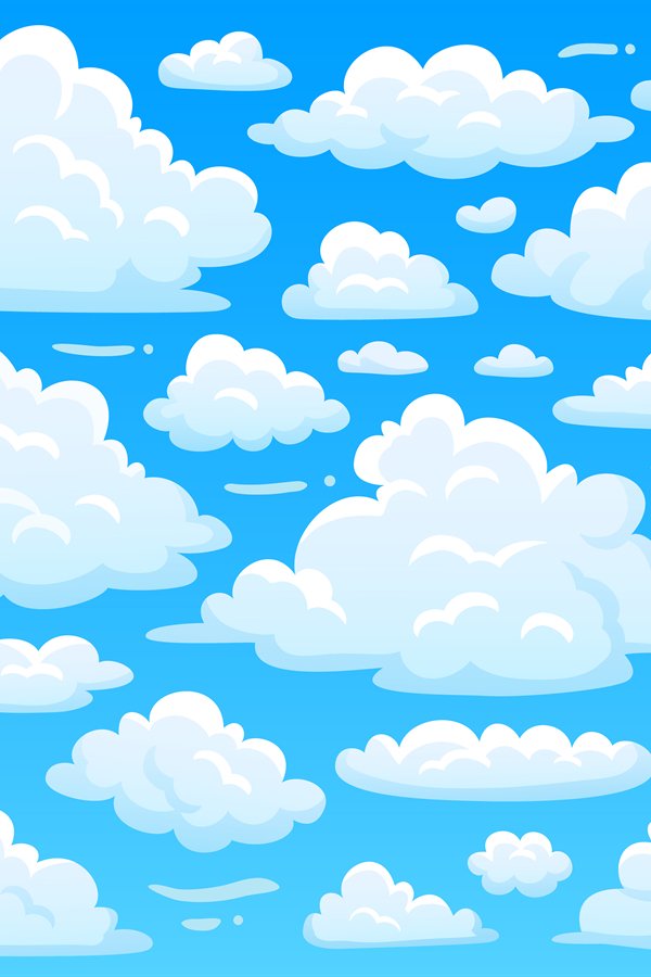Cartoon fluffy cloud at azure skyscape. Heavenly clouds on b