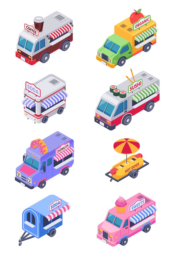 Isometric food trucks. Street carts, hot dog truck and outdo