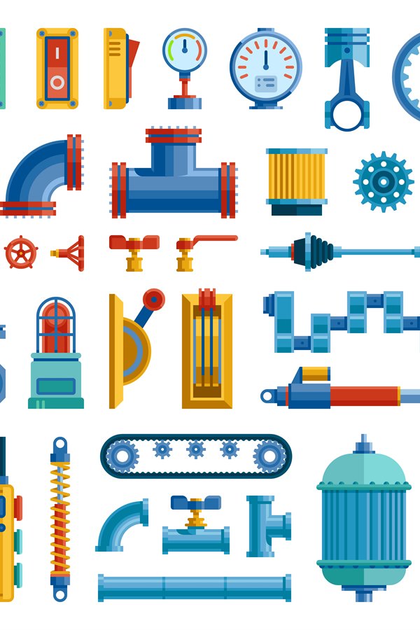 Machine parts. Mechanical details and robots components. Wor