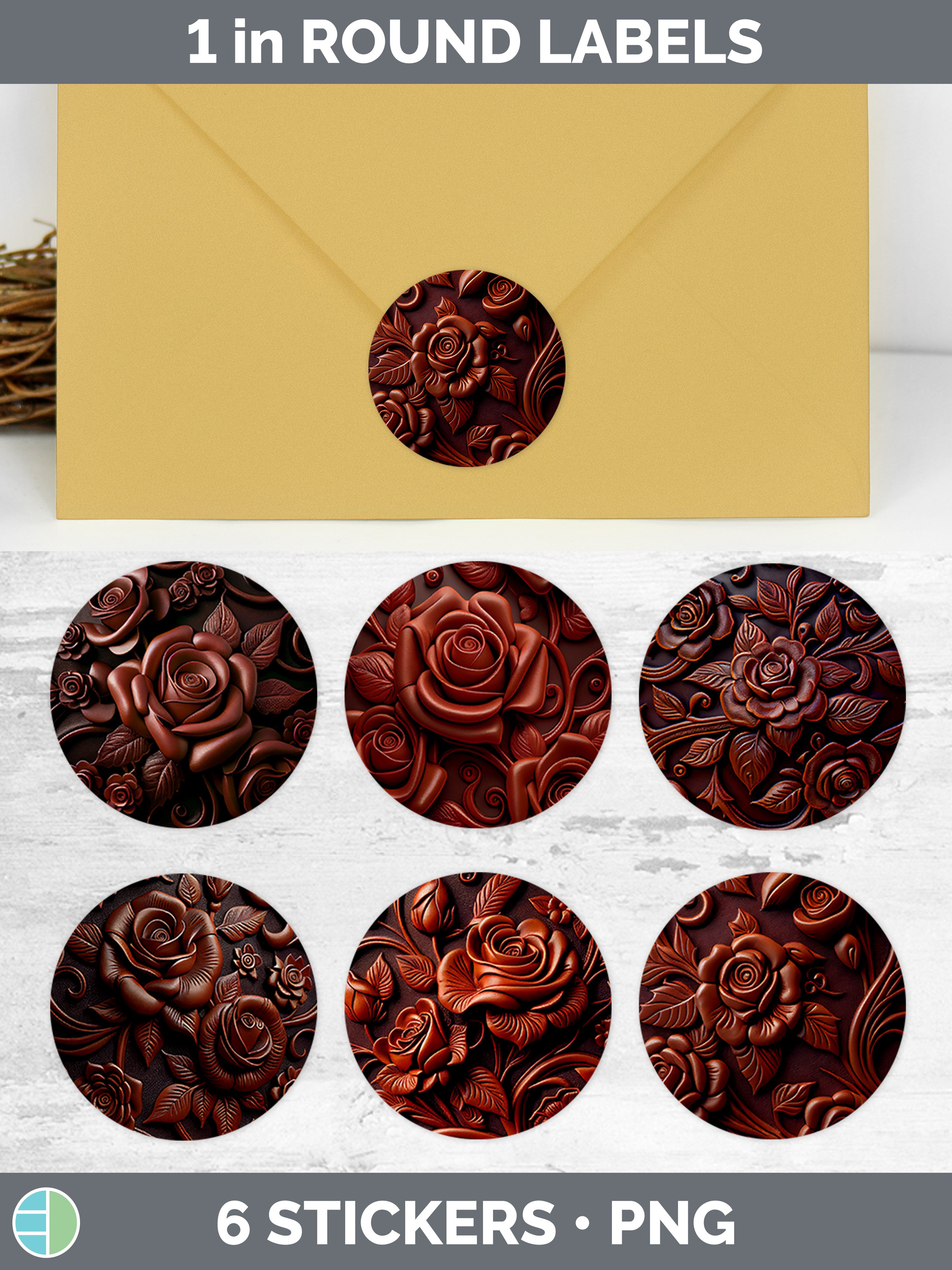 Tooled Leather Rose Stickers | Sticker 1in Round Labels PNG
