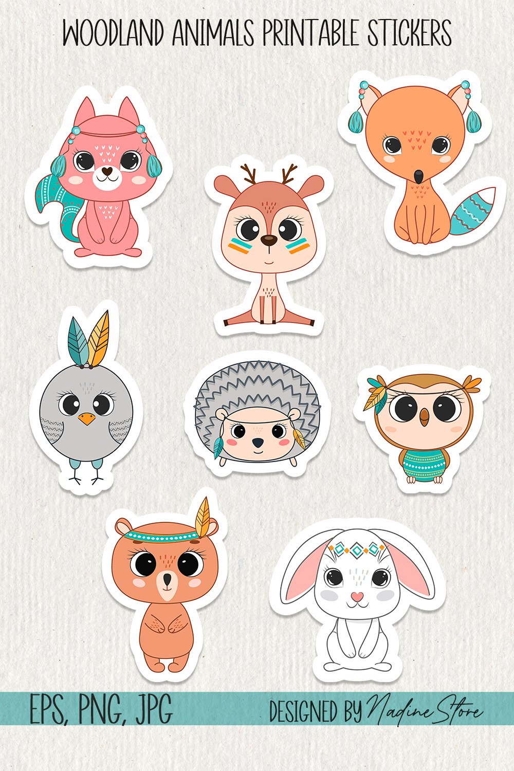 Woodland animals printable stickers. EPS, JPG, PNG.