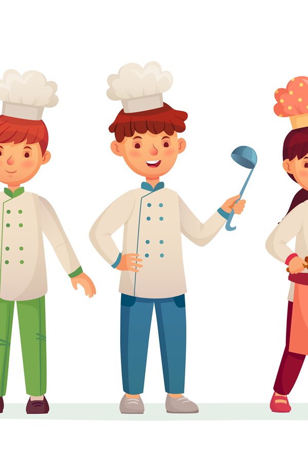 Young chefs. Happy children cooks, kids cooking and baking i
