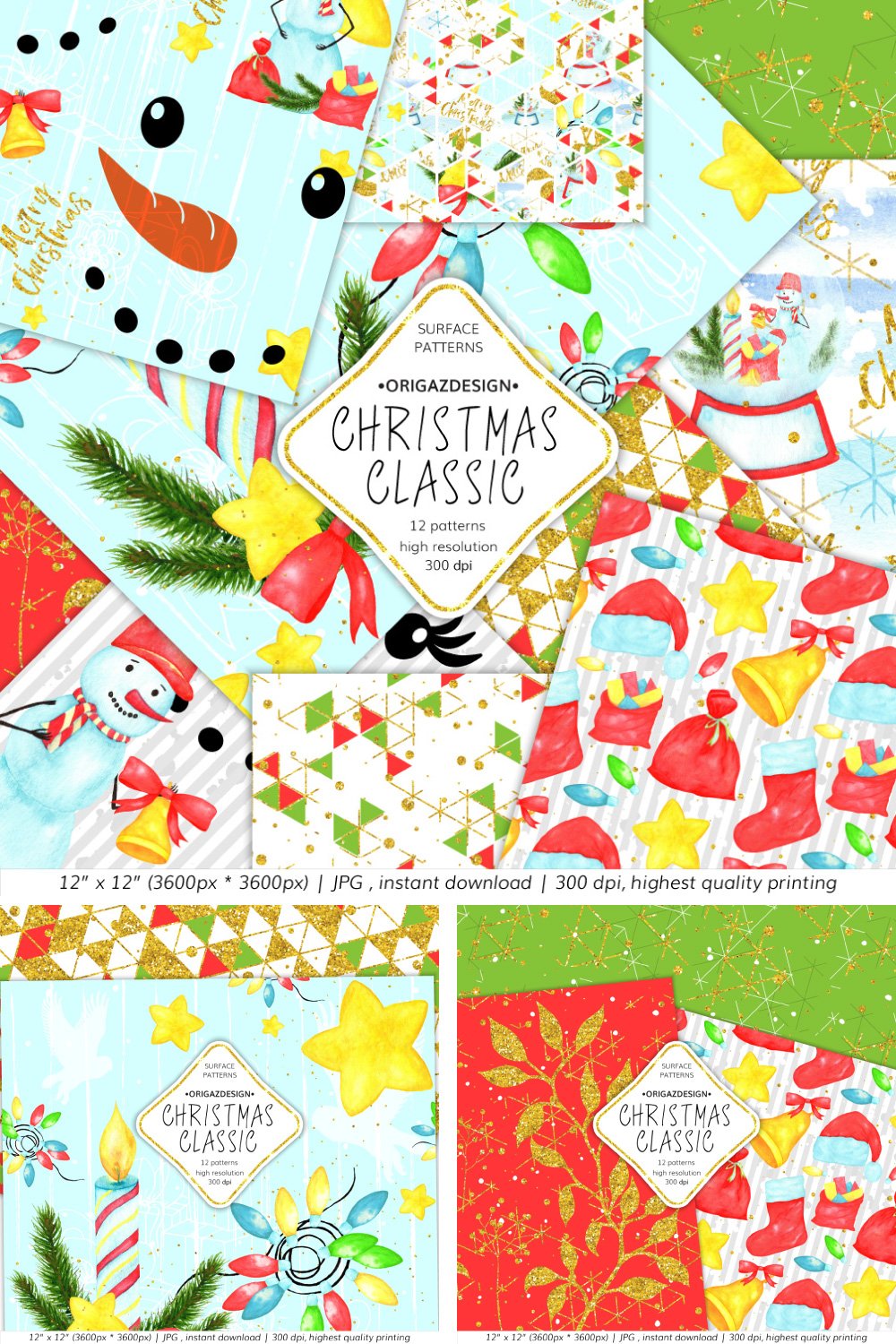 Christmas Digital Paper pack Winter Christmas Watercolor