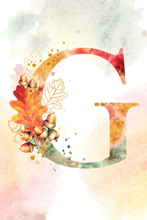 Fall Watercolor Letter, Monogram G clipart JPG PNG