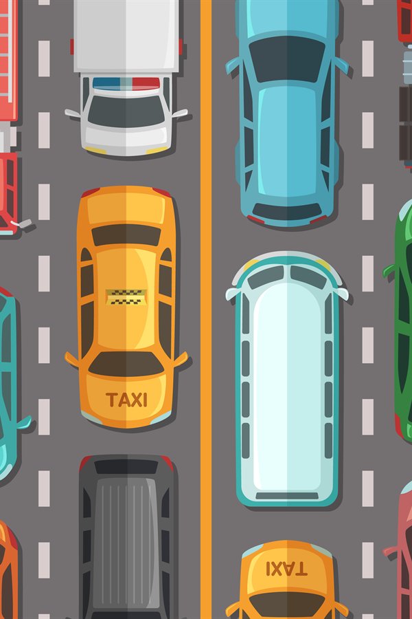 Vector highway road with cars and vehicles top view illustra