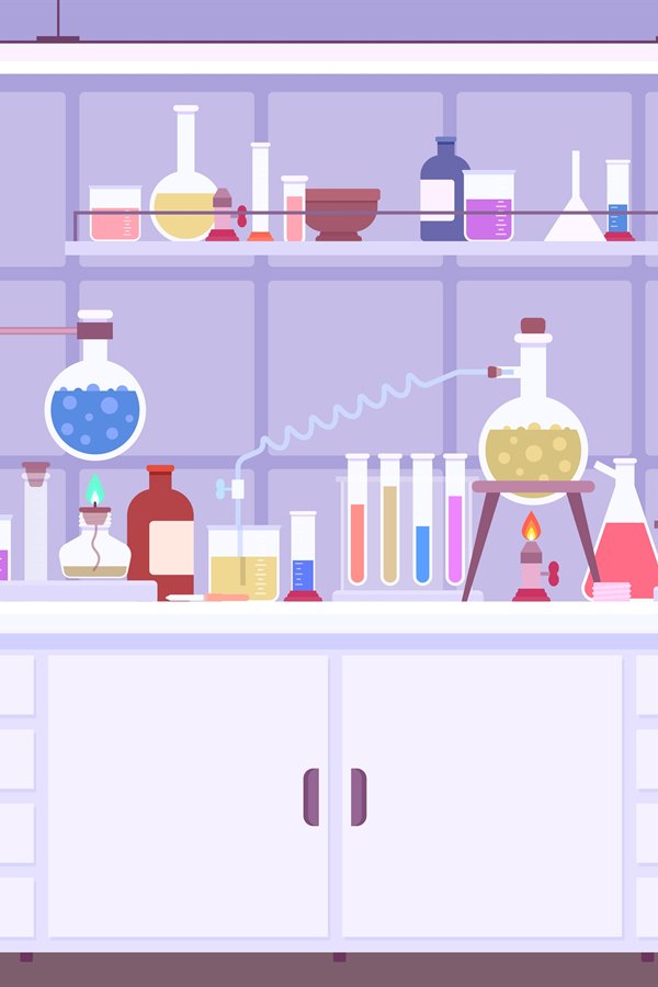 Flat chemical lab room interior with scientist equipment. Ch