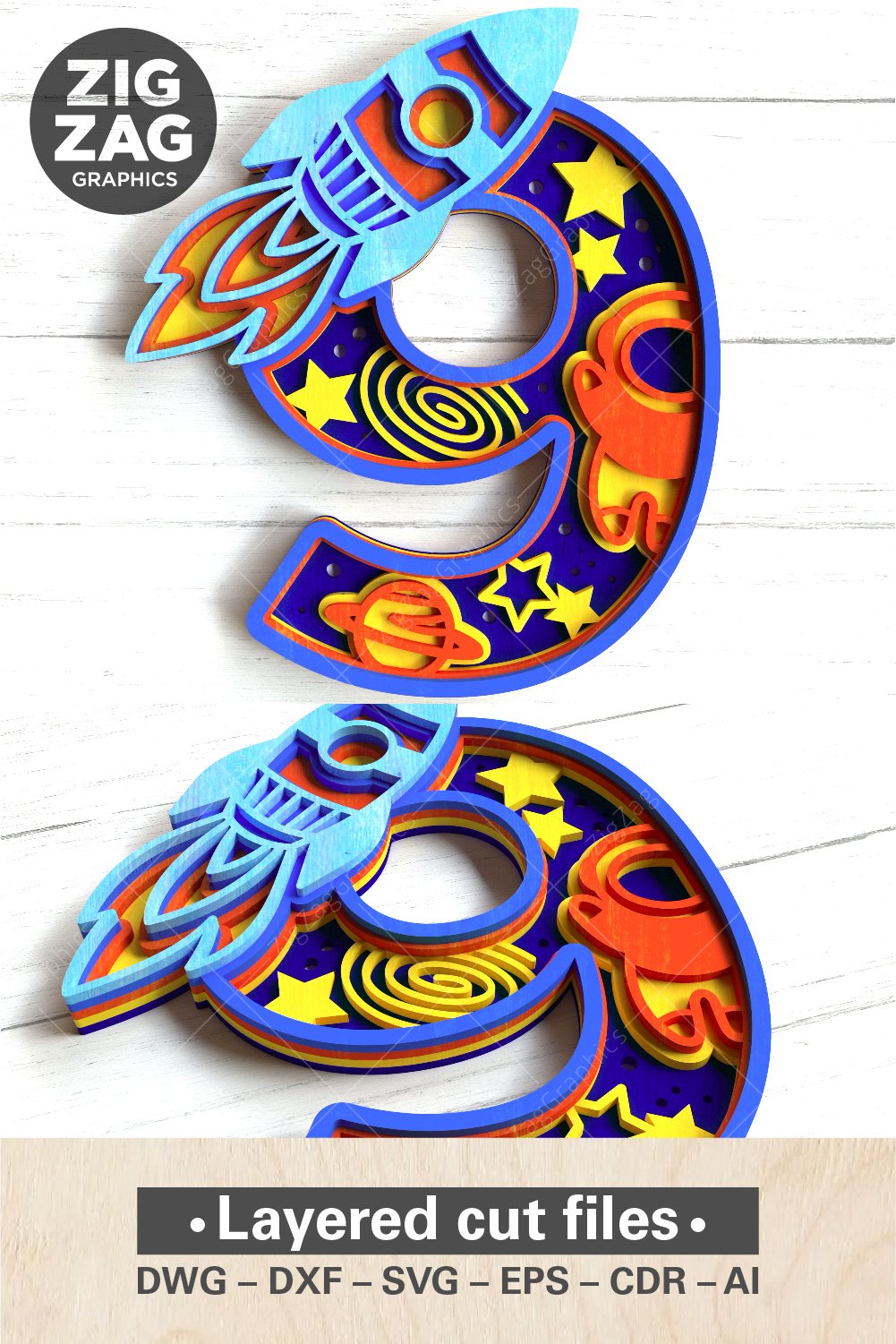 layered kids number 9 with space rocket astronaut and stars