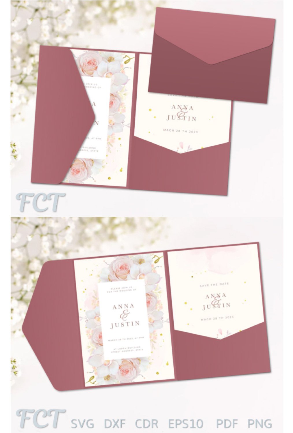 Trifold pocket envelope SVG, 5x7 Wedding invitation Cricut