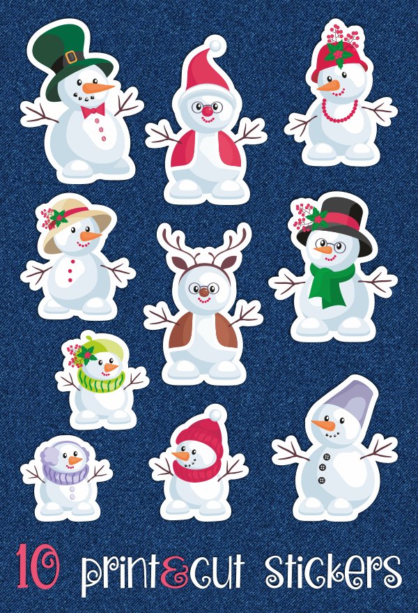 Snowmen Christmas printable stickers PNG
