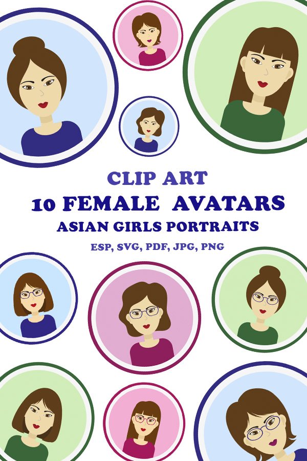 Asian women face clipart. Oriental girl avatar set.